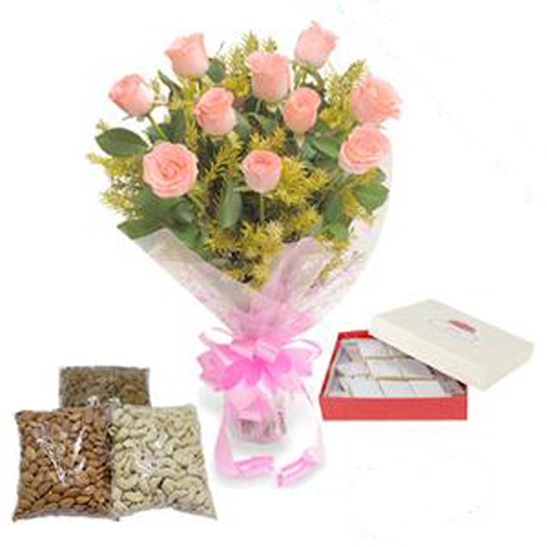 Pongal-Hamper--10 | 25-pink-Roses-Bunch+-Dry-Fruits-(-Badan,Cashew,-Ki